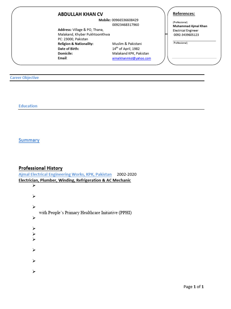 Abdullah Khan CV | PDF | Electrician | Pakistan