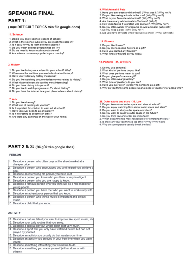 Speaking Final Questions | PDF