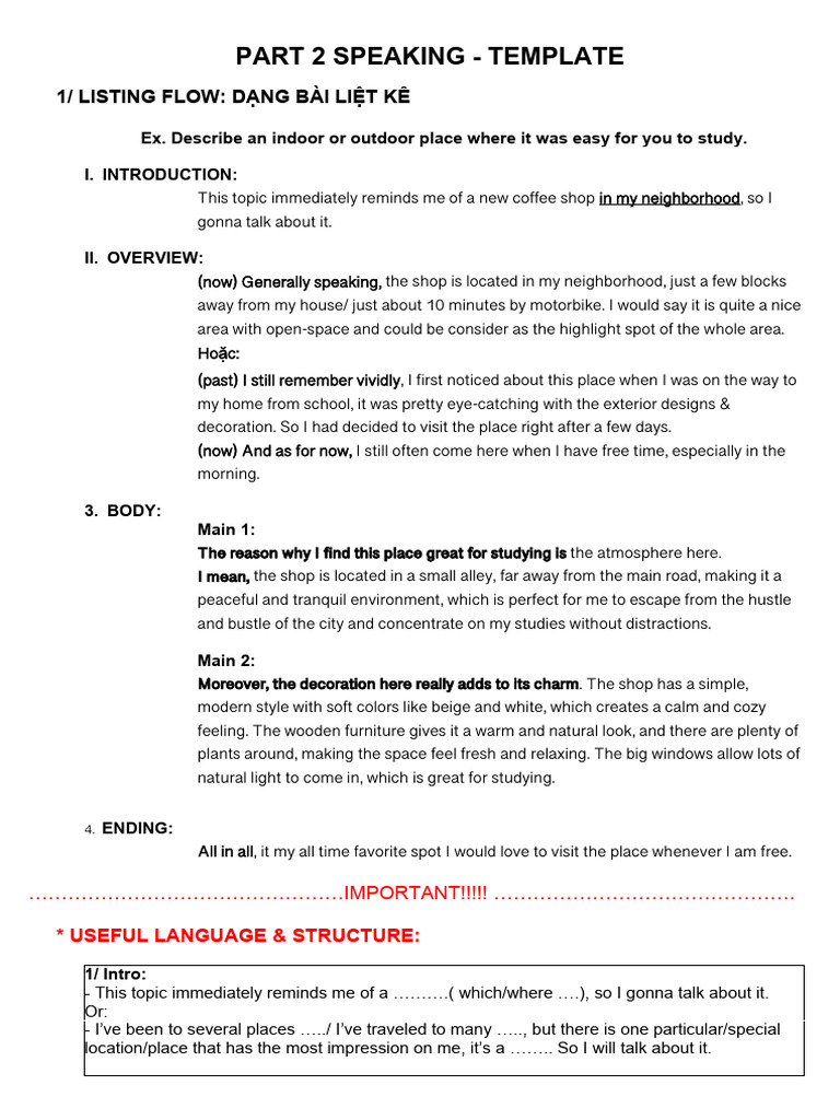 PART 2 SPEAKING - TEMPLATE LỚP B | PDF
