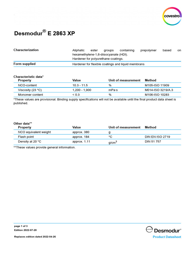 Desmodur E 2863 XP - en - 84256374 16992511 17017641 | PDF | Viscosity ...