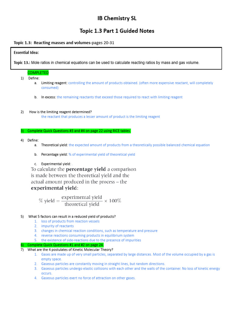 Topic 1.3, Part 1 Guided Notes | PDF | Gases | Mole (Unit)