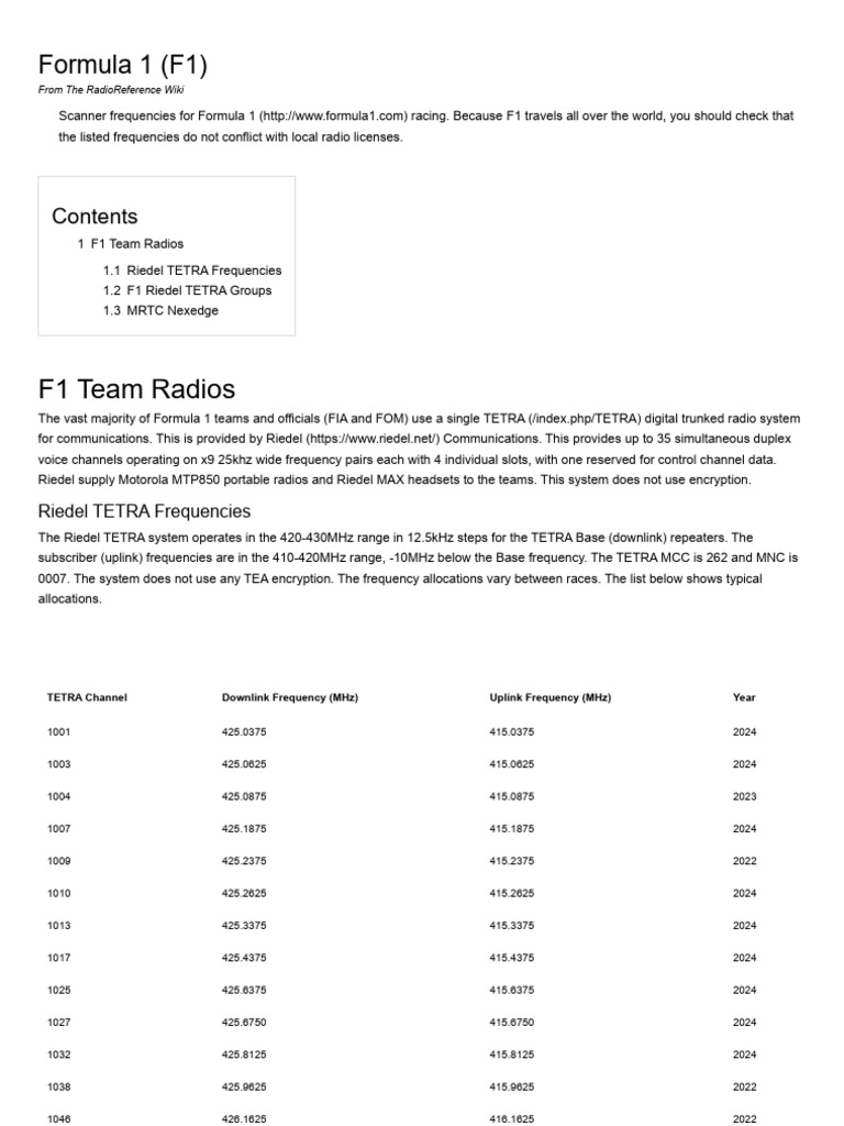F1 Radio Frequencies Overview | PDF | Motorsport Competitions | World ...