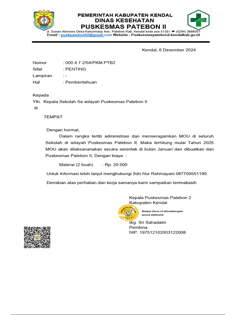 SURAT PEMBERITAHUAN MOU SEKOLAH WILAYAH PATEBON 2 (1) | PDF