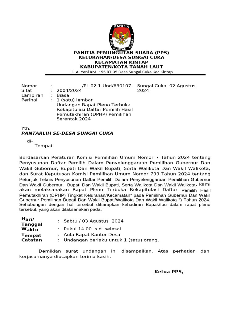 Undangan Rapat Pleno DPHP | PDF