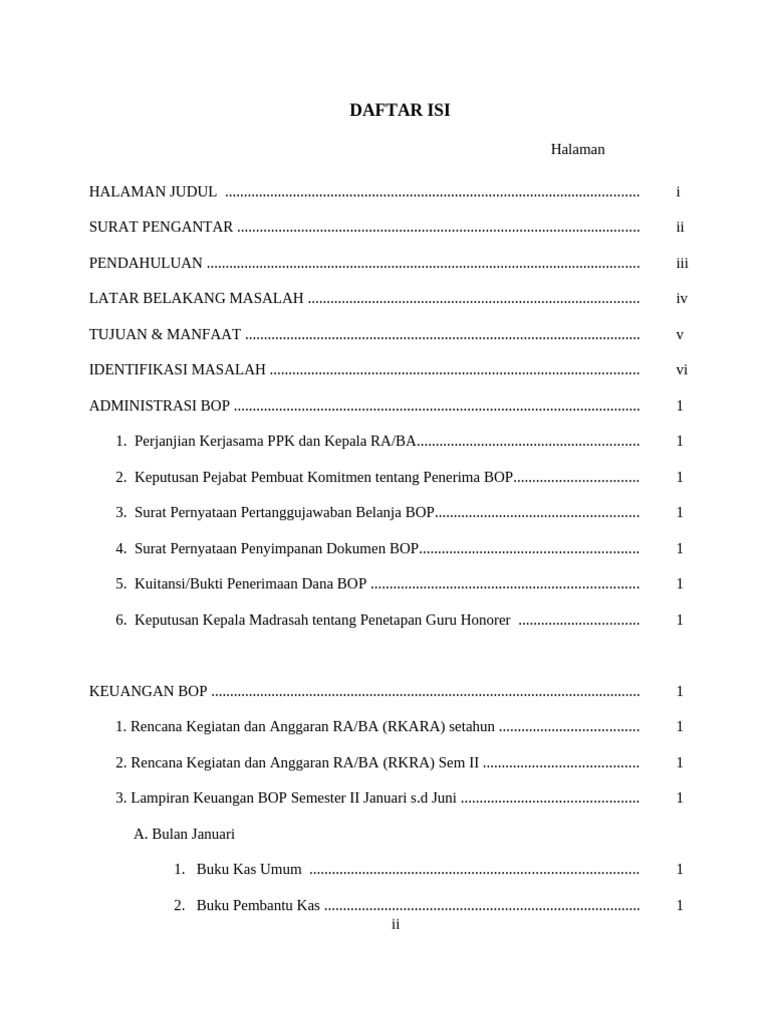 Daftar isi laporan BOP 2022 Sem 1 | PDF