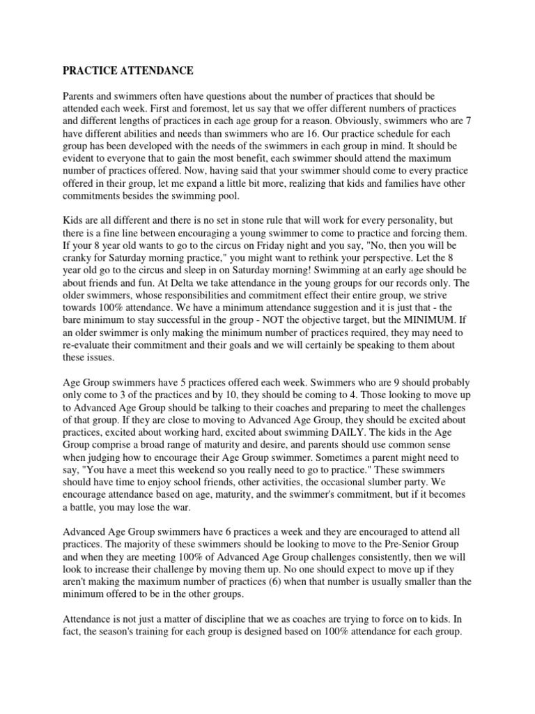 Swim Practice Attendance Guide | PDF | Swimming | Swimming (Sport)