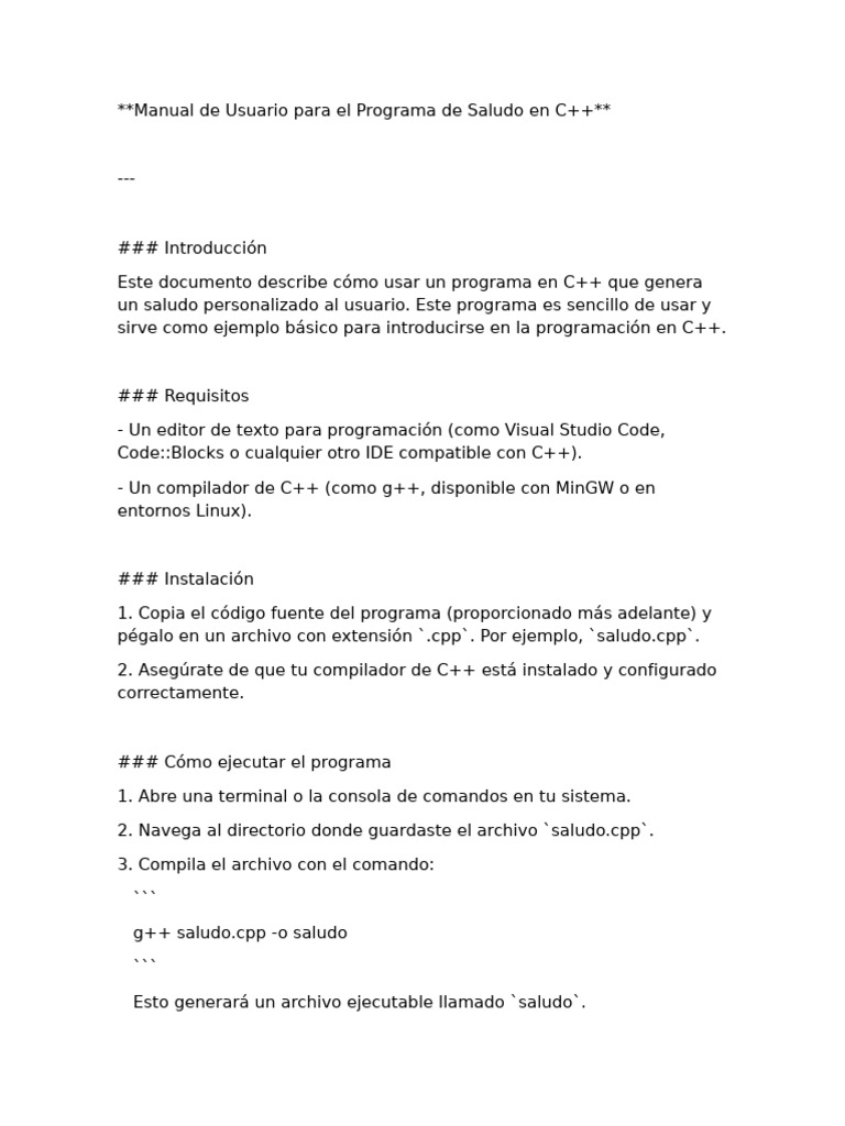 Guía Básica: Programa de Saludo C++ | PDF | C ++ | Programa de computadora