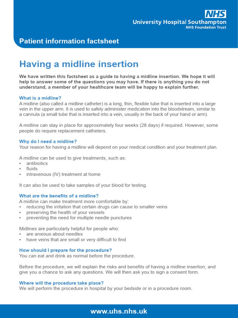 Having a Midline Insertion1960 Patient Information | PDF | Intravenous ...