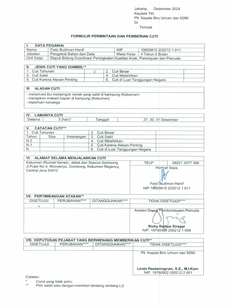 Contoh Form Cuti PNS 2024 Desember | PDF