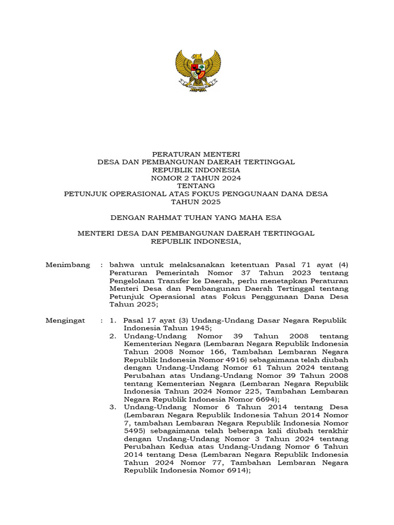 Peraturan Menteri Desa Dan Pembangunan Daerah Tertinggal Nomor 2 Tahun 2024 Tentang Petunjuk ...