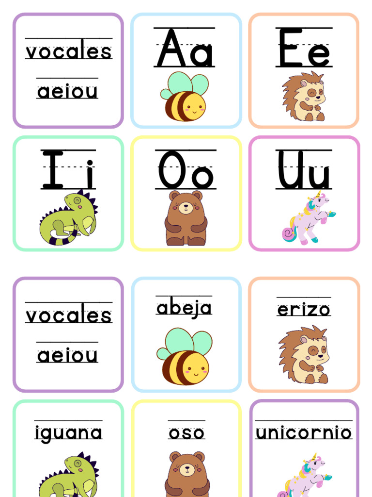 Tarjetas de Estudio Vocales Ilustrativo Colorido | PDF