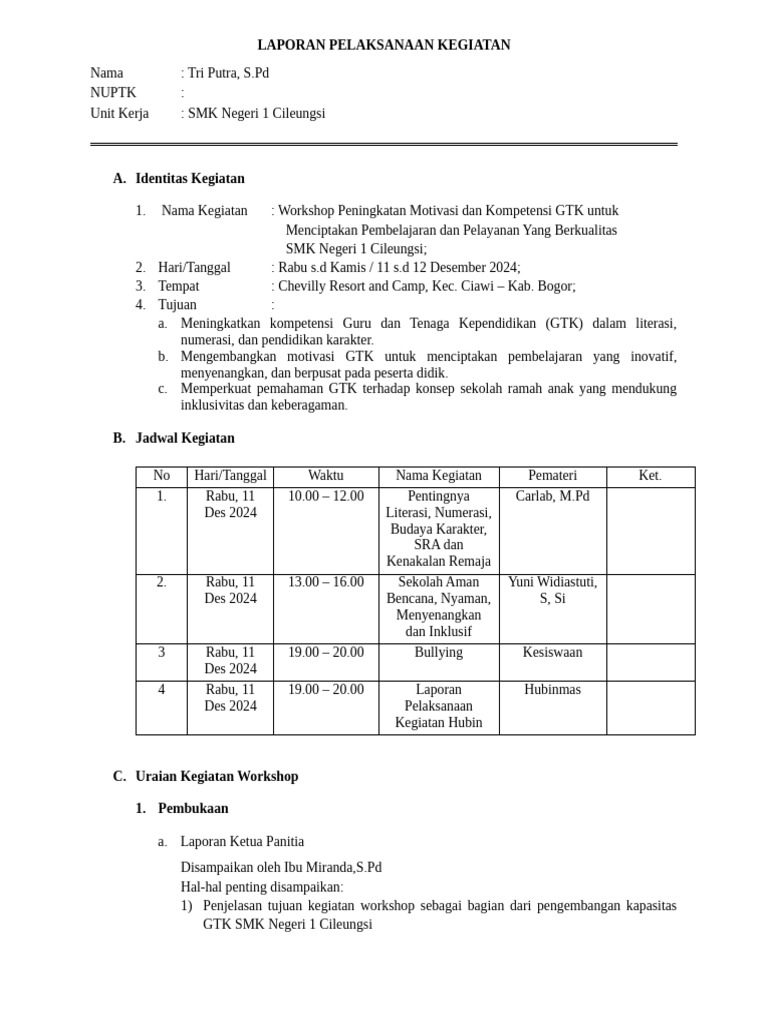 Laporan Pelaksanaan Kegiatan Workshop | PDF