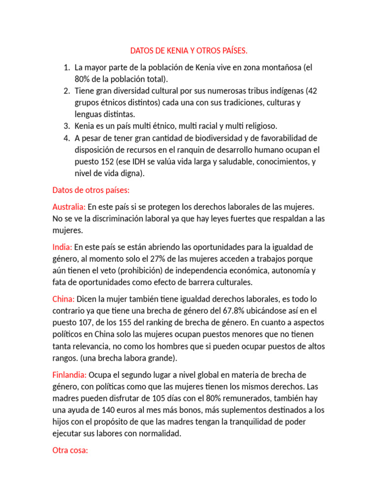 Datos de Kenia y Otros Países | PDF | Igualdad de género | Estudios de ...