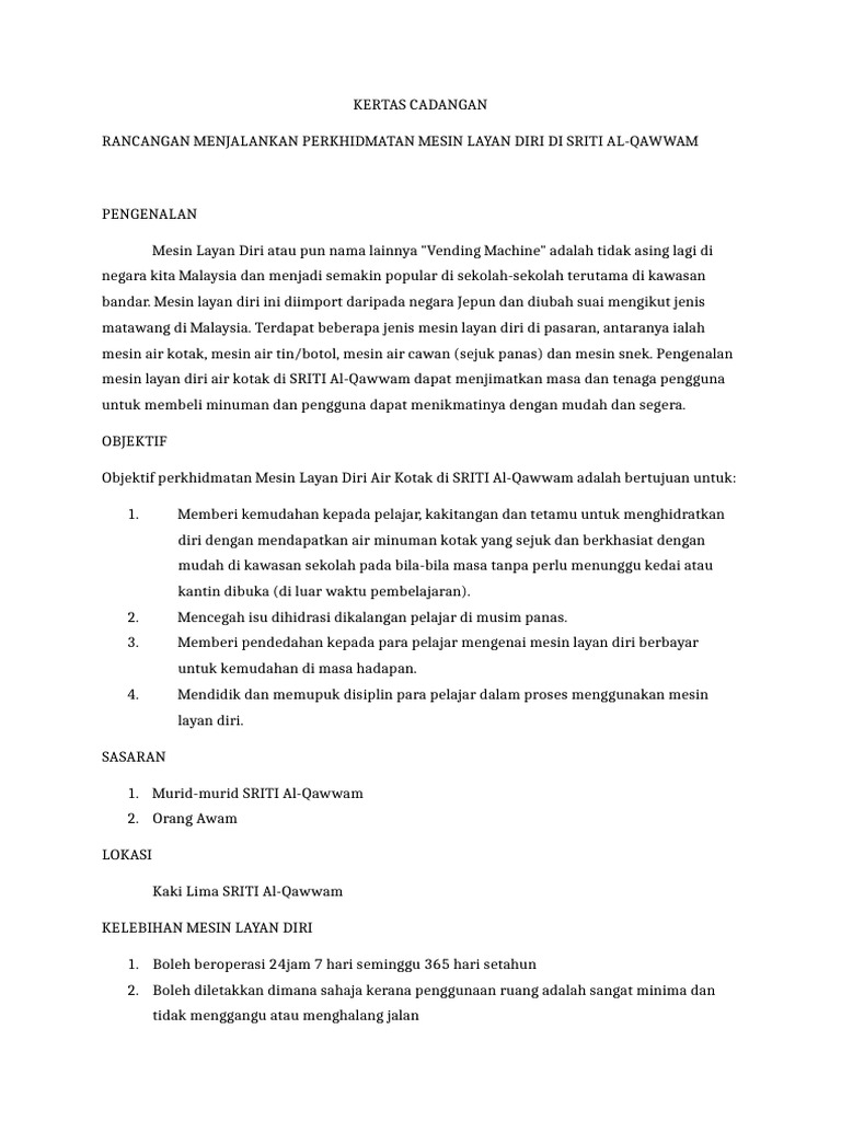 Kertas Cadangan Mesin Layan Diri Sriti Al-Qawwam | PDF