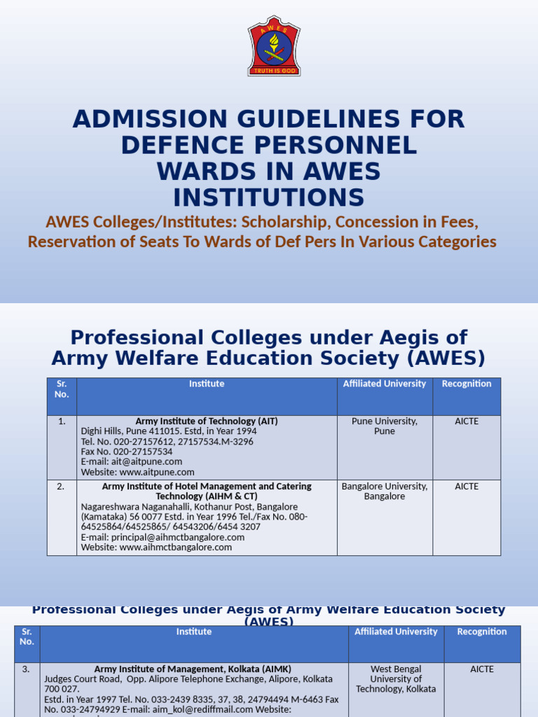 AWES Admission Guidelines for Defence Wards | PDF