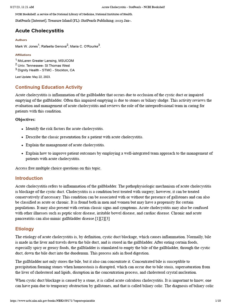 Acute Cholecystitis Overview | PDF | Gallbladder | Bile