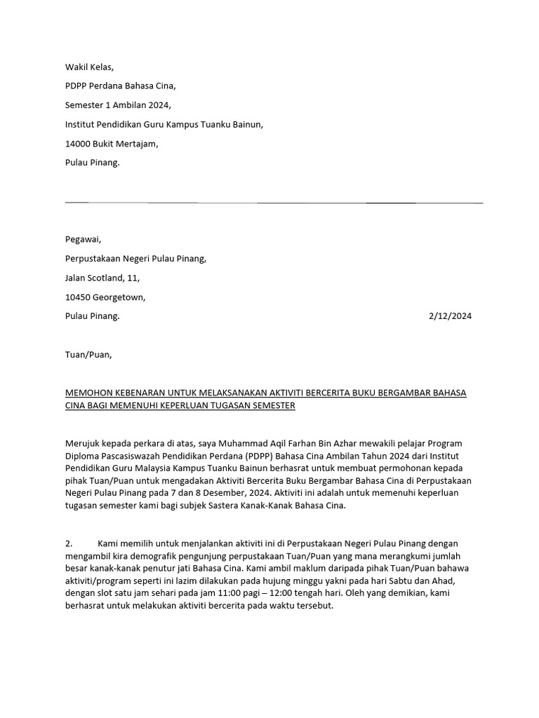 Surat Permohonan Melaksanakan Aktiviti Bercerita (IPG TUANKU BAINUN ...