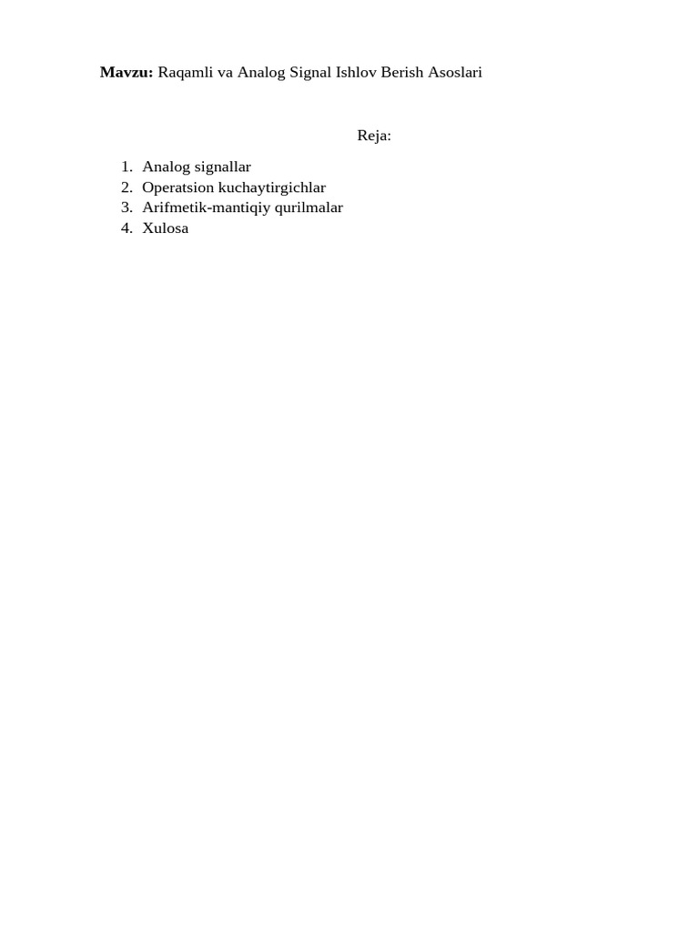 Raqamli Va Analog Signal Ishlov Berish Asoslari | PDF