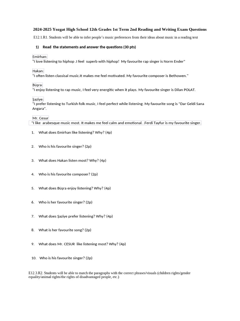 Yozgat High School 12th Grade Exam Questions | PDF