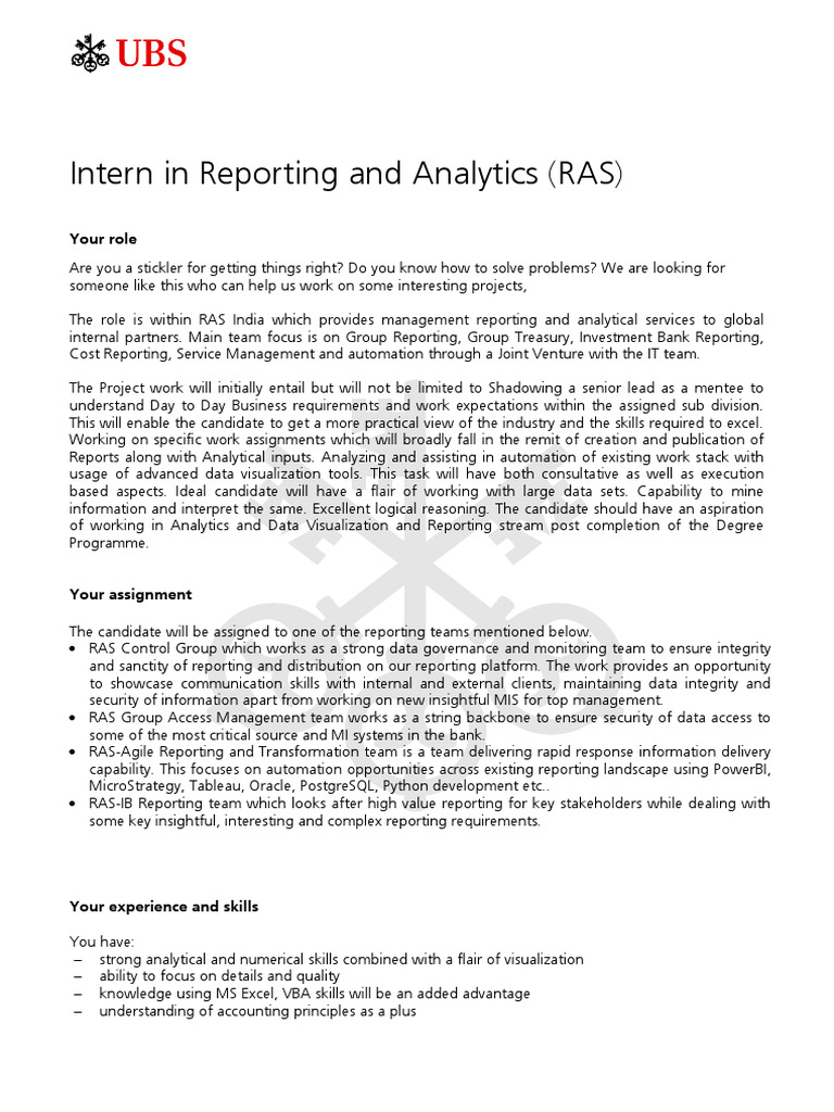 JD_RAS Internship_v3 (4) | PDF | Ubs | Analytics
