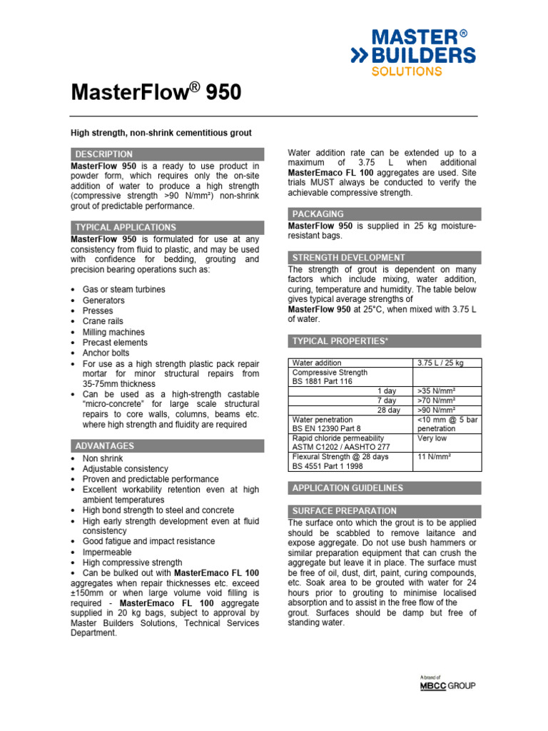 Appendix B 2 MTSDS Masterflow 950 Tds | PDF | Water | Cement