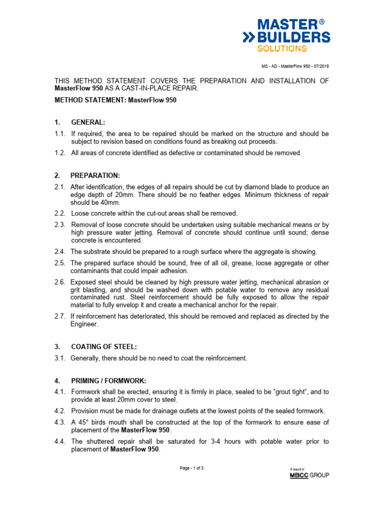 Appendix B 1 MTSDS Masterflow 950 Ms | PDF | Concrete | Water
