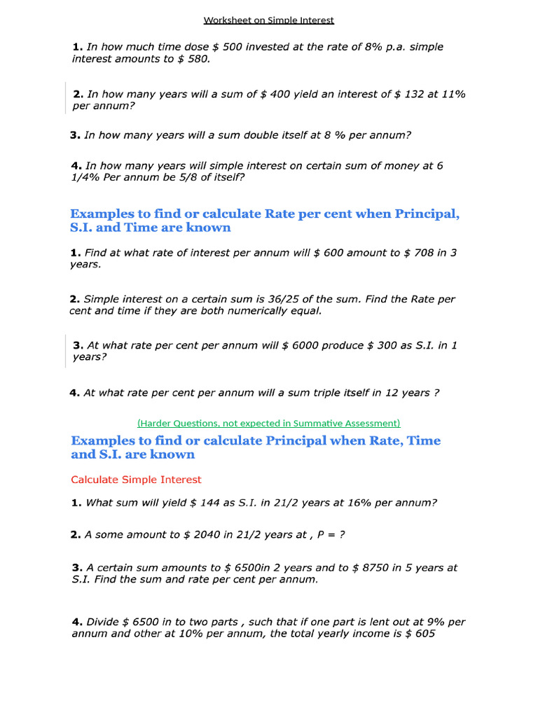 Worksheet On Simple Interest Questions | PDF