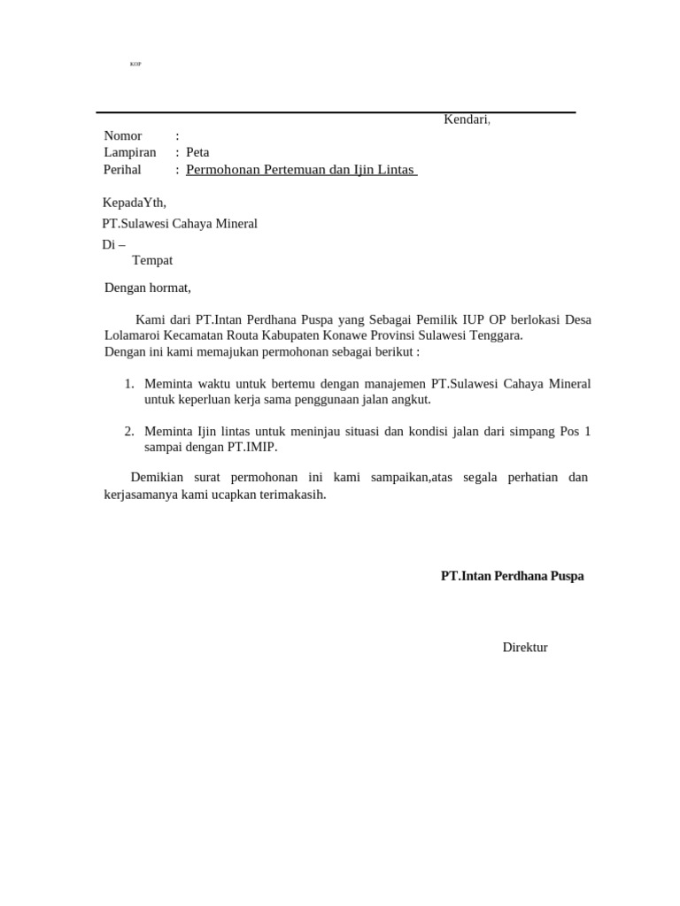 Surat No 01 Permohonan Pertemuan Dan Ijin Lintas PT - SCM | PDF