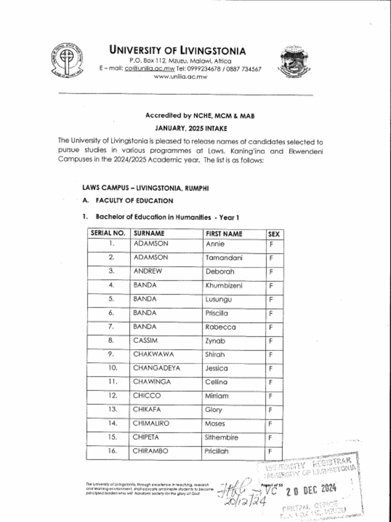 University of Livingstonia 2025 Selection List | PDF