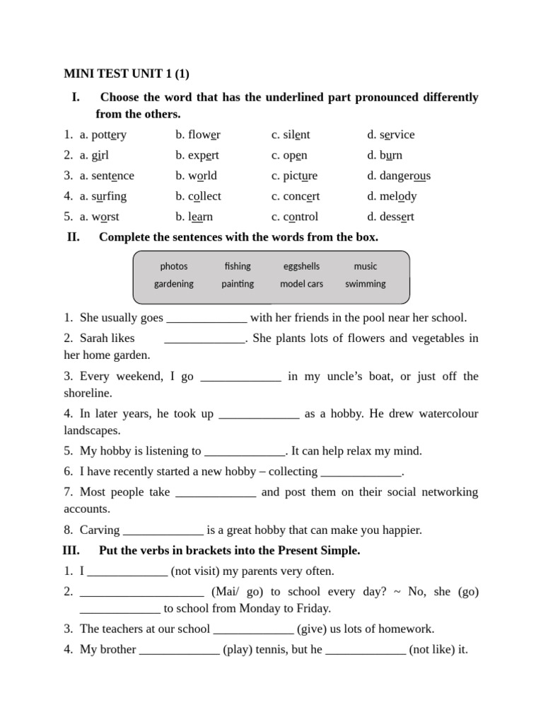 MINI TEST UNIT 1.1 | PDF | Hobbies