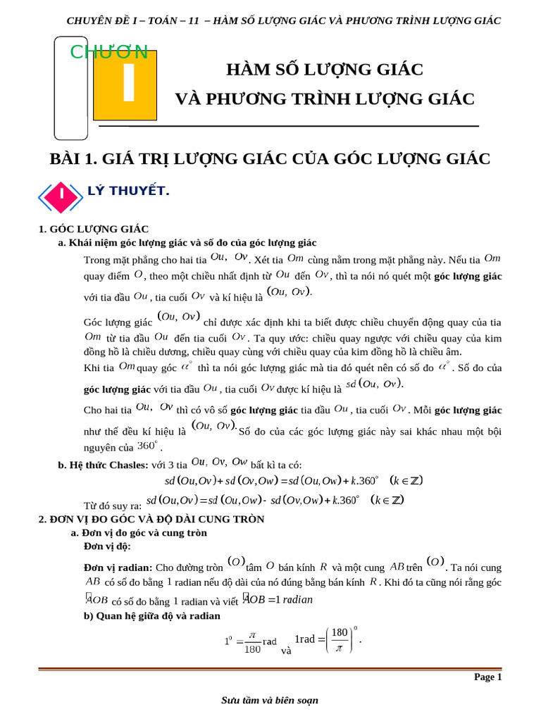 Toan 11 - C1 - B1.1 - Gia Tri Luong Giac Cua Goc Luong Giac - Tu Luan - HDG | PDF