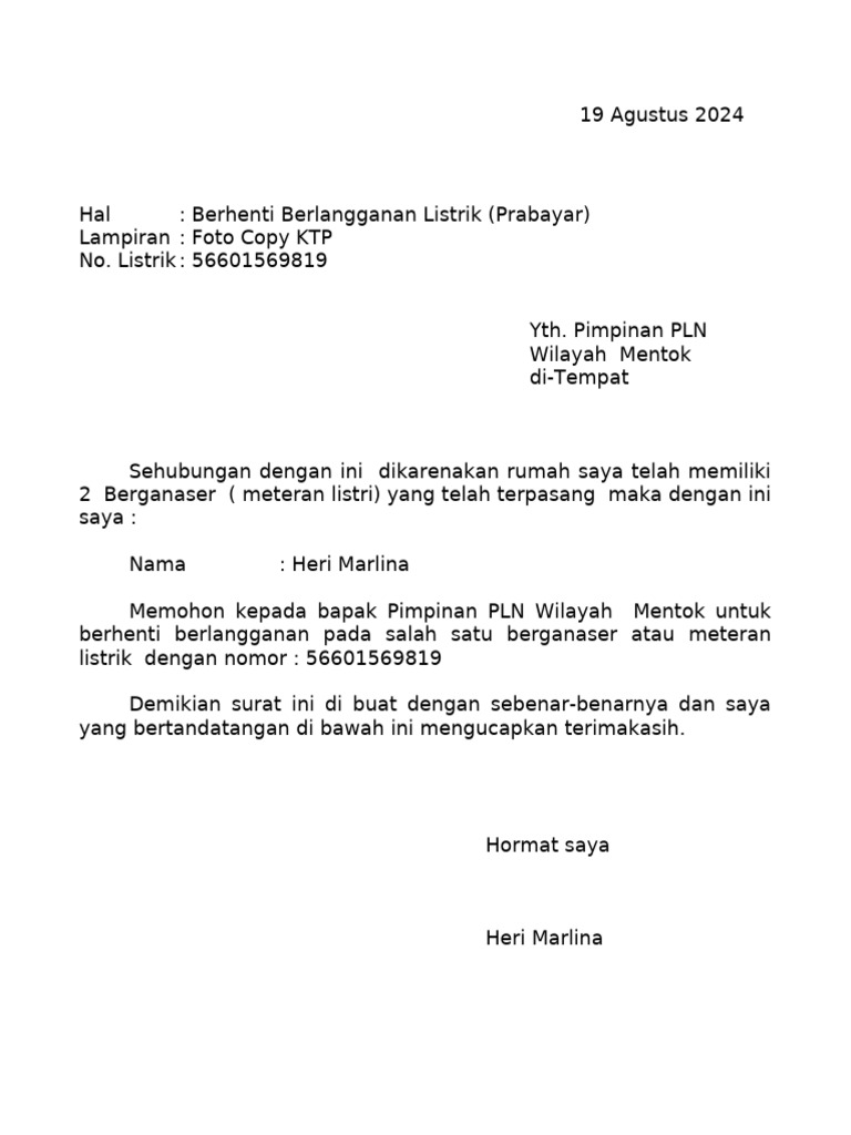 Surat Berhenti Berlangganan PLN | PDF