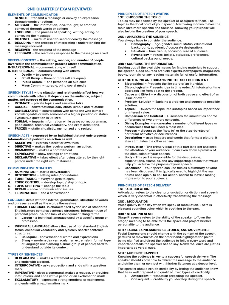 2ND Quarterly Exam One File Reviewer Oral Comm | PDF | Communication | Speech