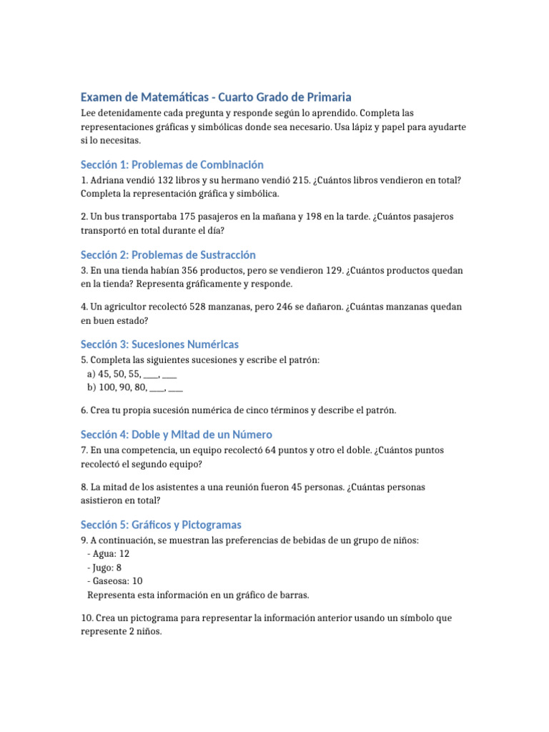 Examen Matematicas 4to Grado | PDF