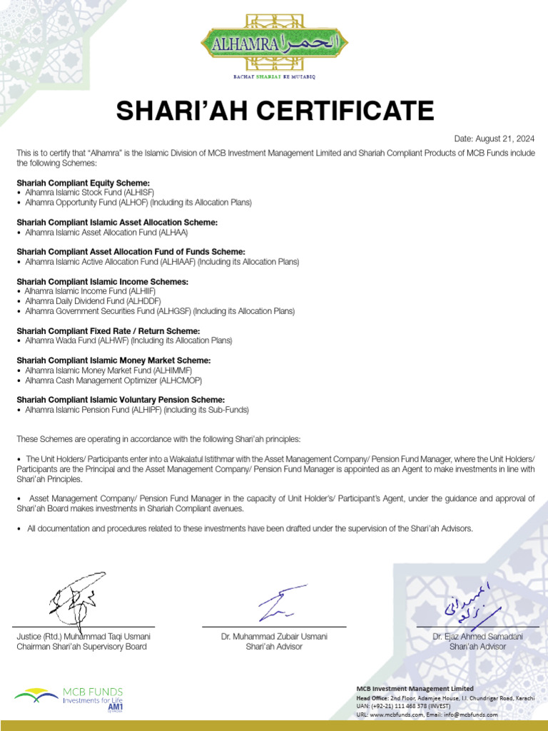 Shariah Certificate 2024 | PDF | Islamic Banking And Finance | Investing