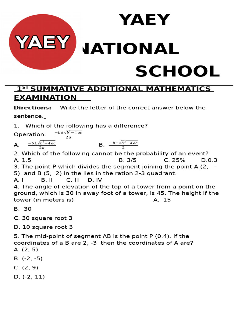 1st Summative Additional Mathematics Examination | PDF