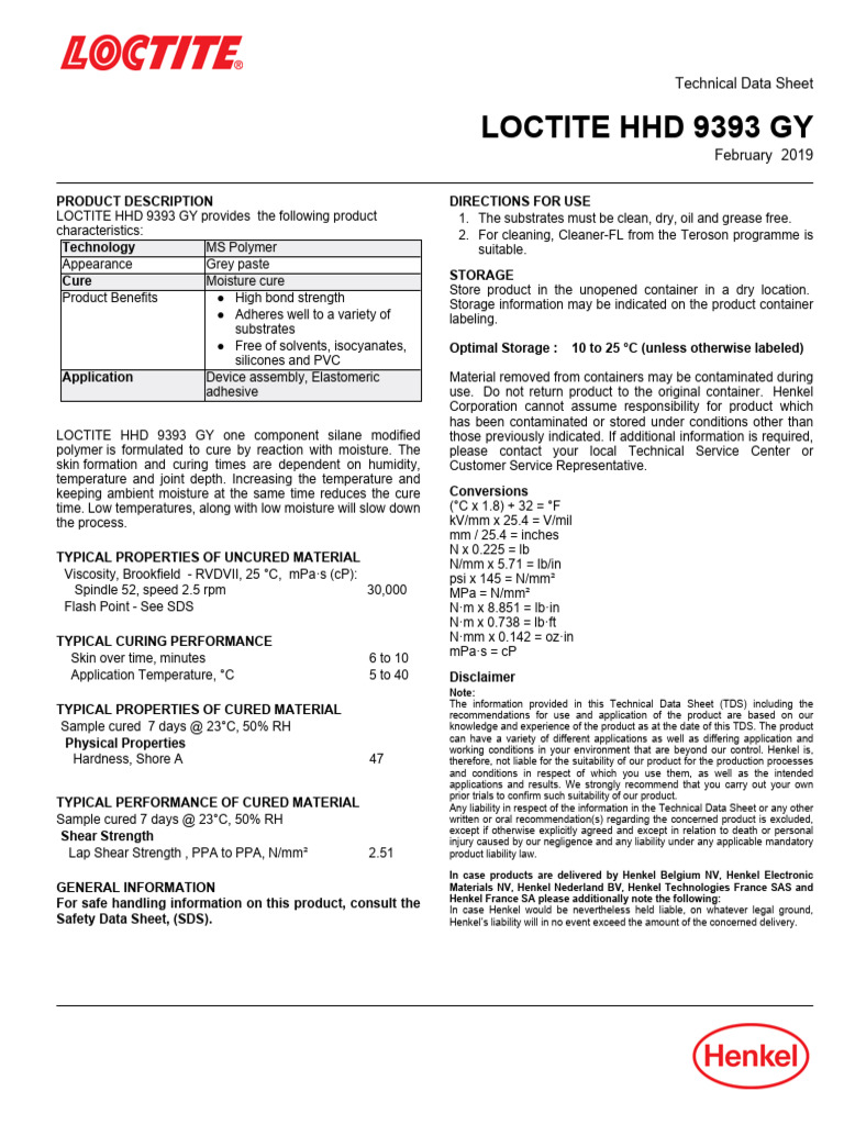 LOCTITE HHD 9393 GY Technical Data Sheet | PDF | Legal Liability ...