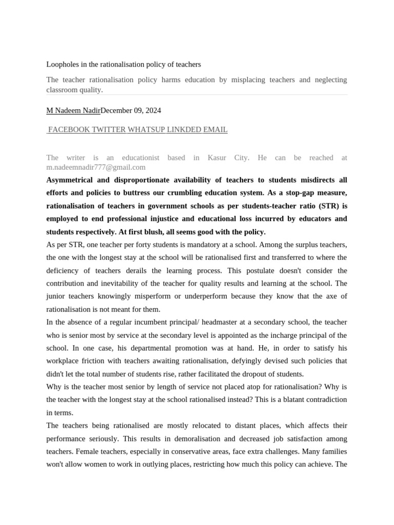 Loopholes in The Rationalisation Policy of Teachers | PDF | Teachers