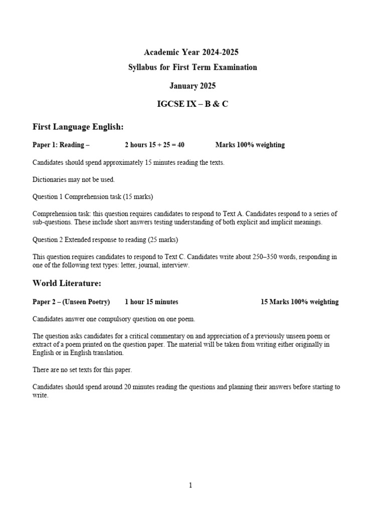 Class 9 BC - Syllabus For First Term Exam January 2025 - Removed | PDF ...