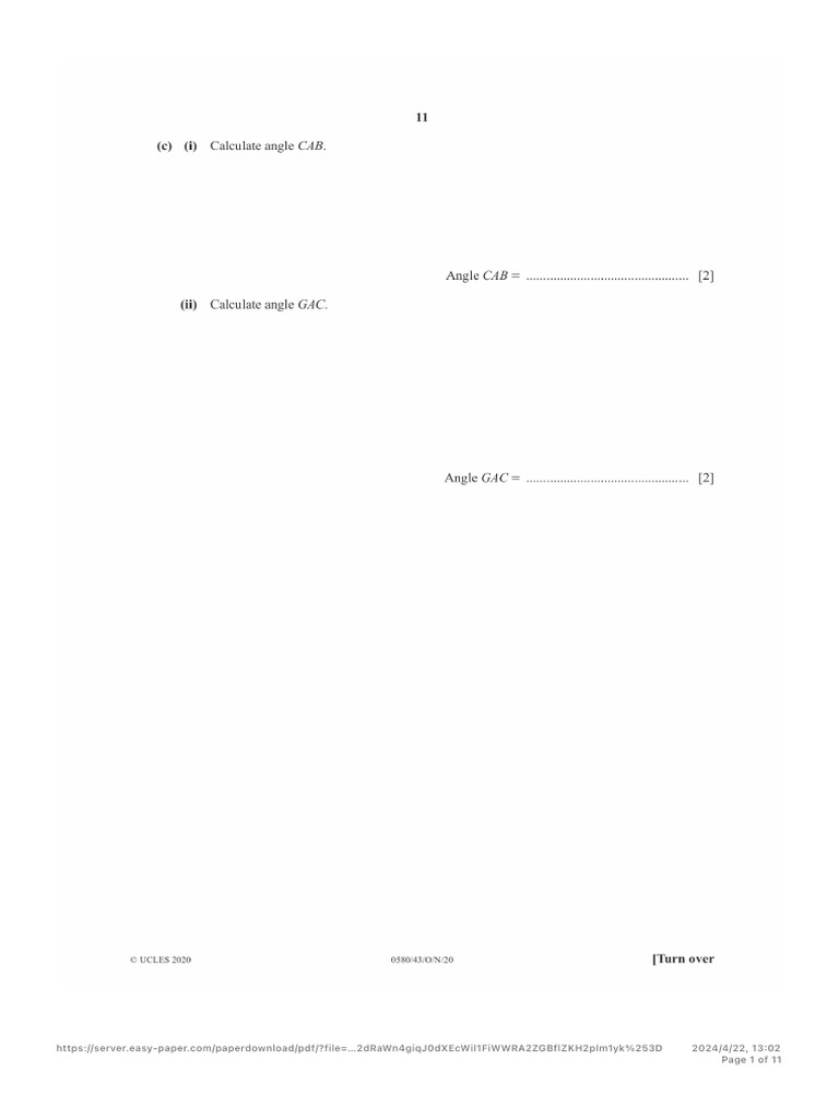 IGCSE Mathematics 0580-43 Paper 4 (Extended) Oct-Nov 2020 - 0580 - w20 ...