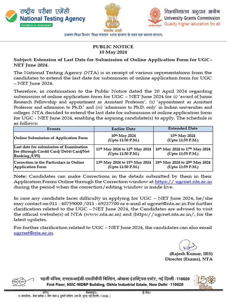 Public Notice For Extension of Dates For Ugc Net June 2024 | PDF ...