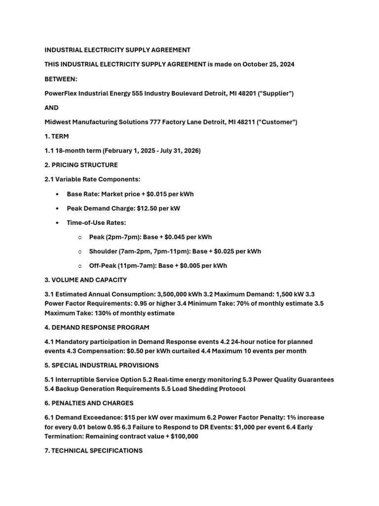 Industrial Electricity Supply Contract | PDF