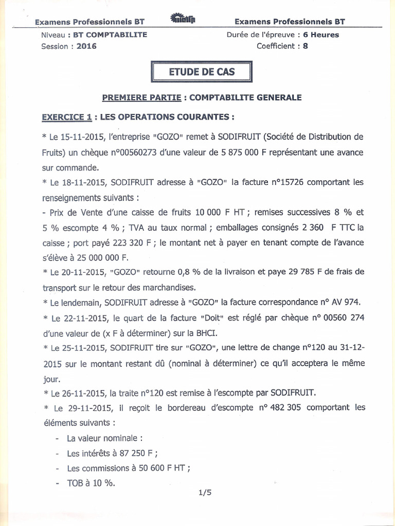 c16 Bt Tert_compta_etude de Cas2016 | PDF
