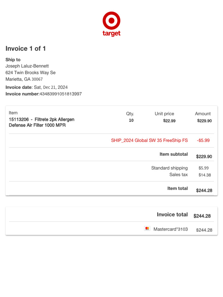 Invoice for Filtrete Air Filters Purchase | PDF