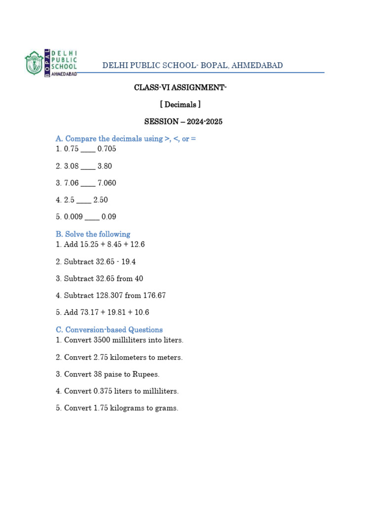 Decimals Worksheet Class 6 | PDF