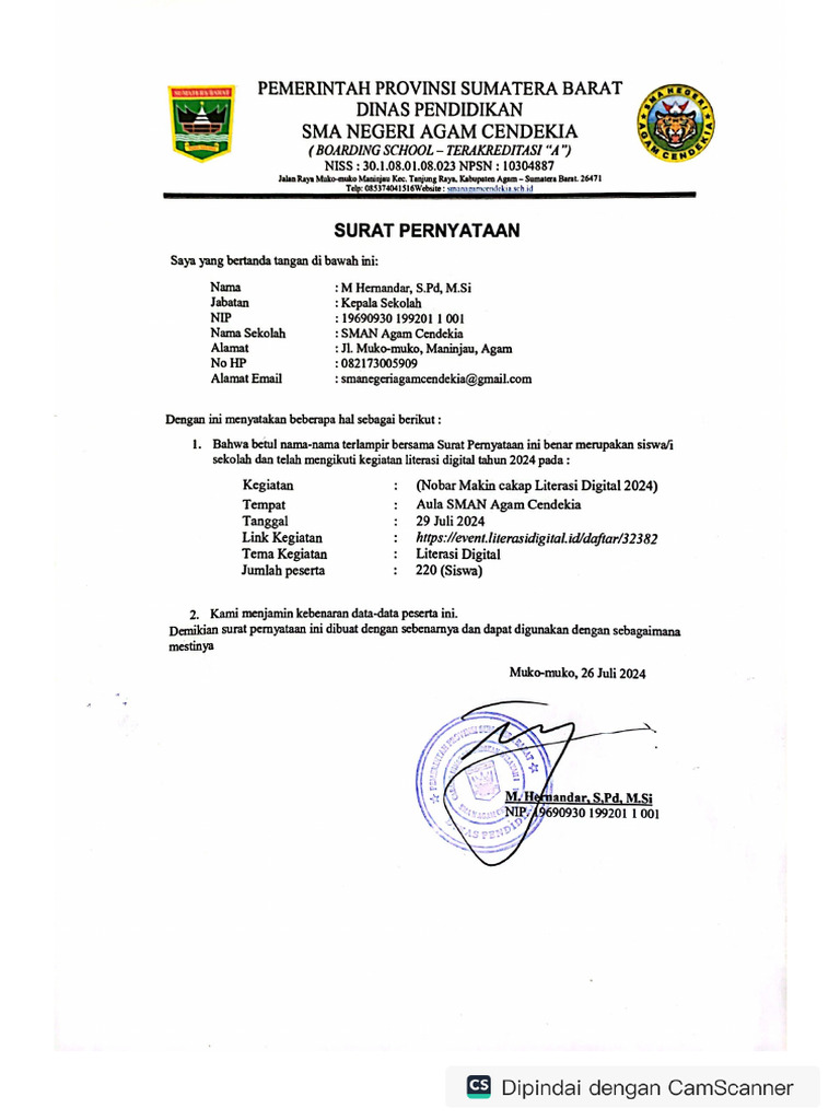 Surat Pernyataan Nobar - SMAN Agam Cende | PDF