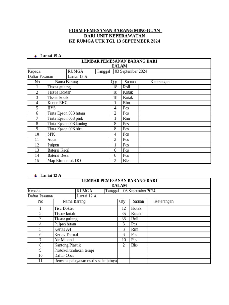 Form Pemesanan Barang Mingguan | PDF