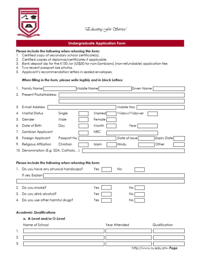 RUSANGU UNIVERSITY APPLICATION FORM Undergraduate - 2018 2019 | PDF ...