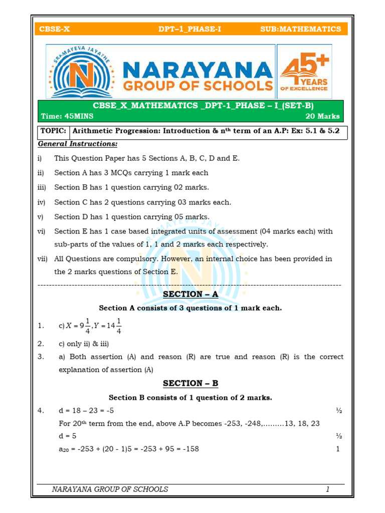 04 MATHEMATICS CBSE X DPT-1 Phase I (SET - B) - 10-09-2024 KEY | PDF ...