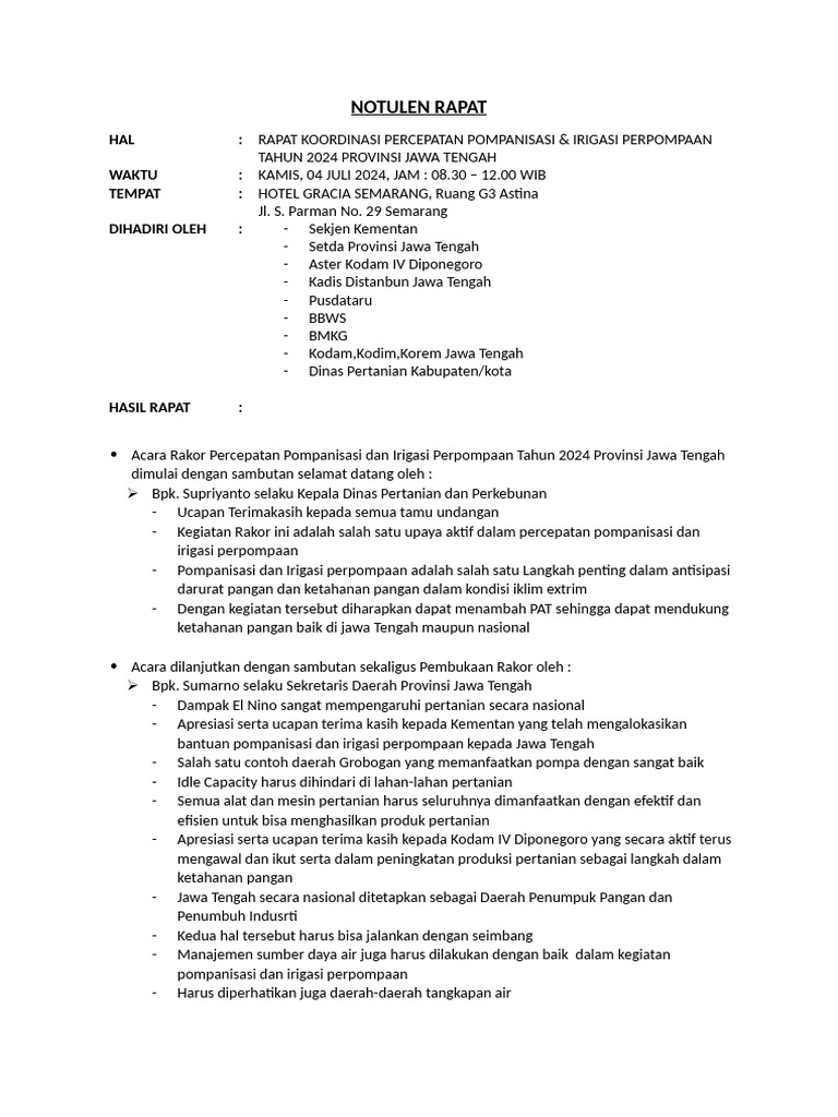 NOTULEN RAPAT 04 Juli 24 Percepatan Pompanisasi & Irigasi Perpompaan Prov - Jateng FIX | PDF